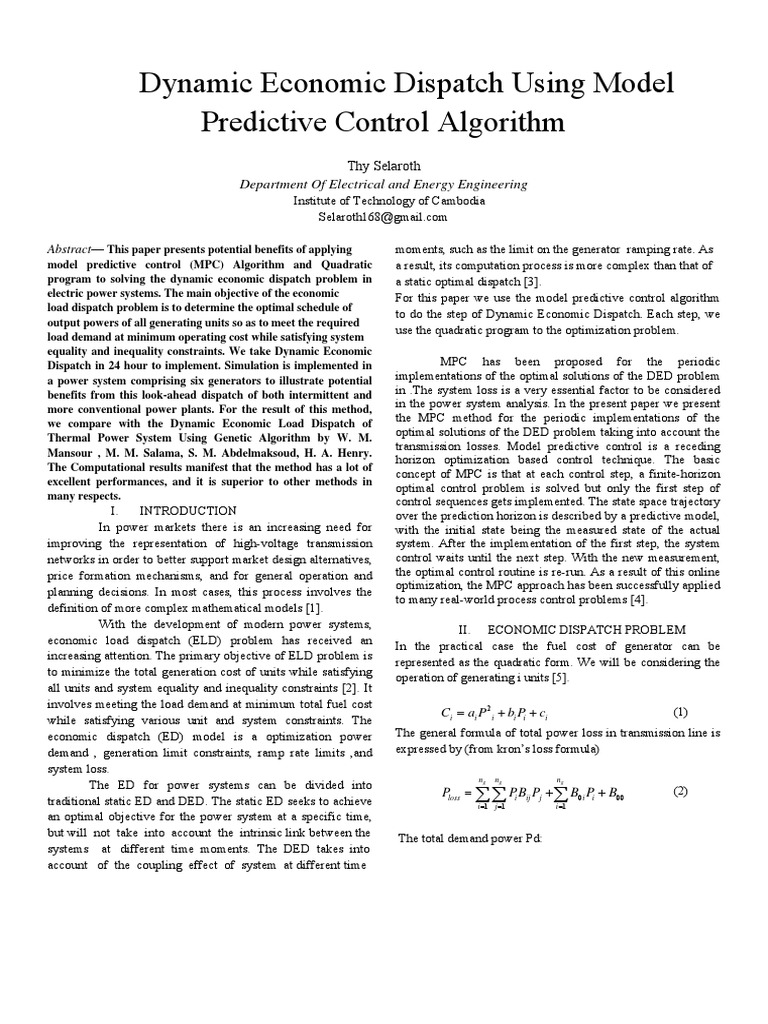 Dynamic Economic Dispatch Using Model Predictive Control Algorithm | PDF | Mathematical ...