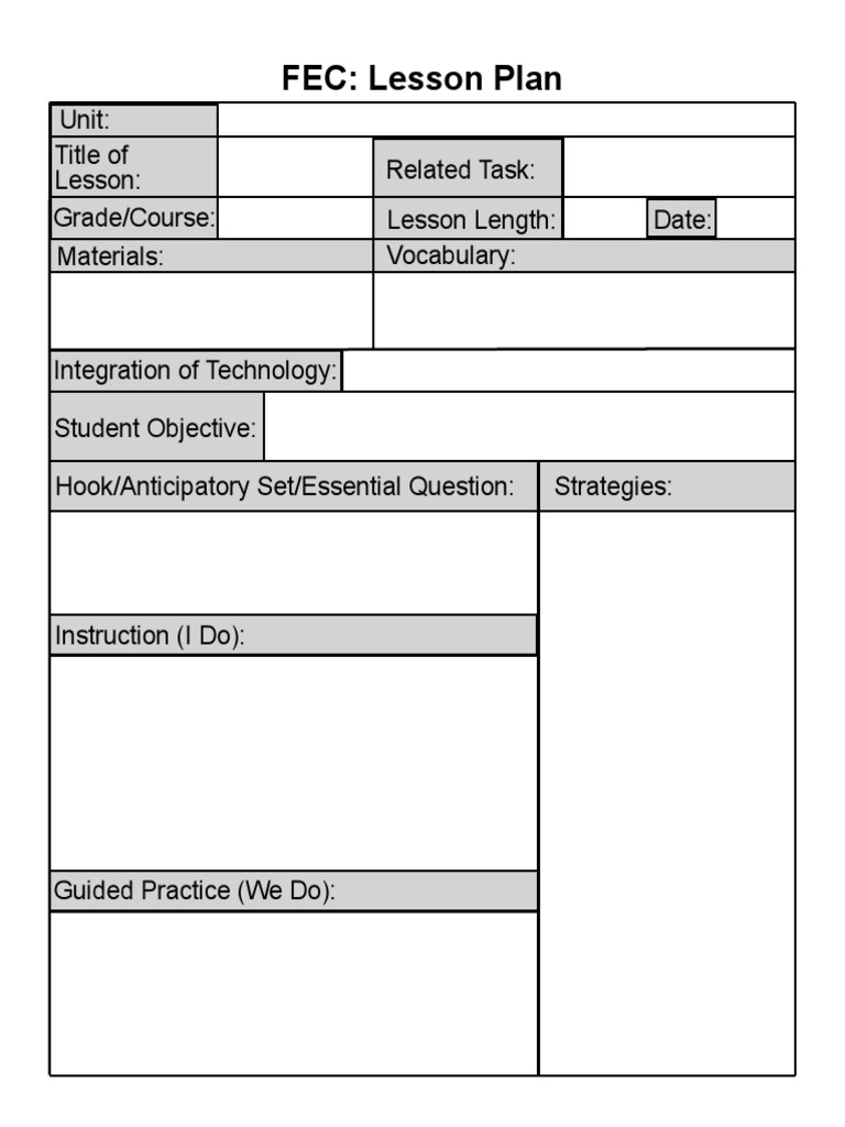 FEC: Lesson Plan: Unit: Title of Lesson: Grade/Course: Related Task ...