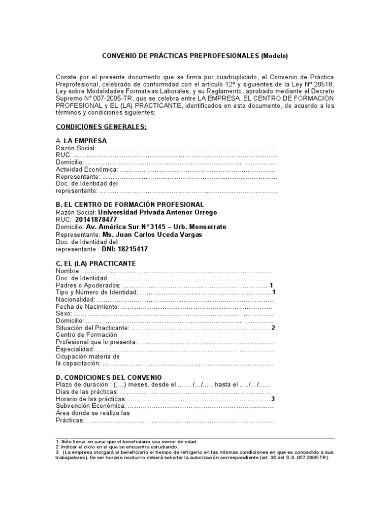 Modelo de Convenio de Prácticas Preprofesionales | PDF | Instituciones ...