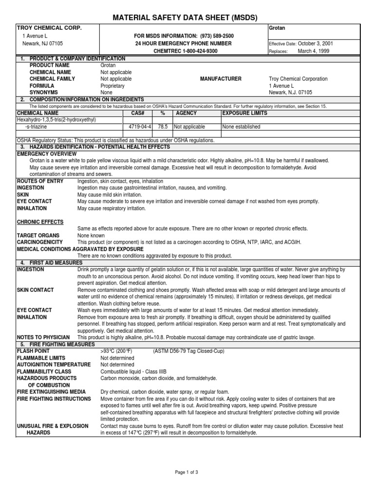 Material Safety Data Sheet for Grotan: A Highly Alkaline Liquid With ...