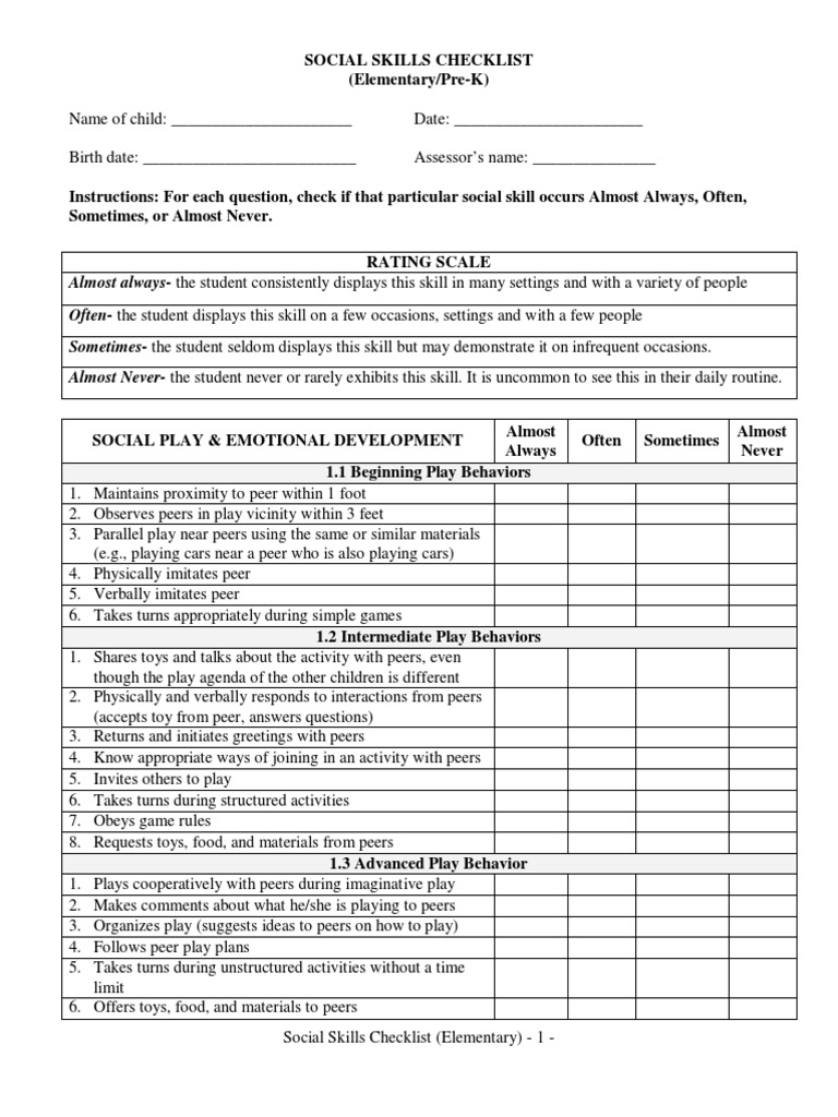 Social Skills Checklist - Elementary | Social Skills | Nonverbal ...
