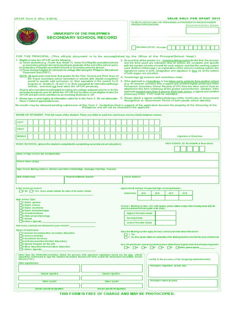 Upcat Form 2 (Hsr2015) | PDF | Secondary School | Signature