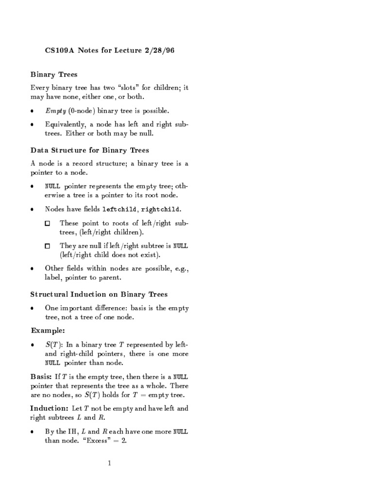 Cs109a Notes For Lecture 2 28 96 Binary Trees Empty Pdf Computer Programming Computer Data