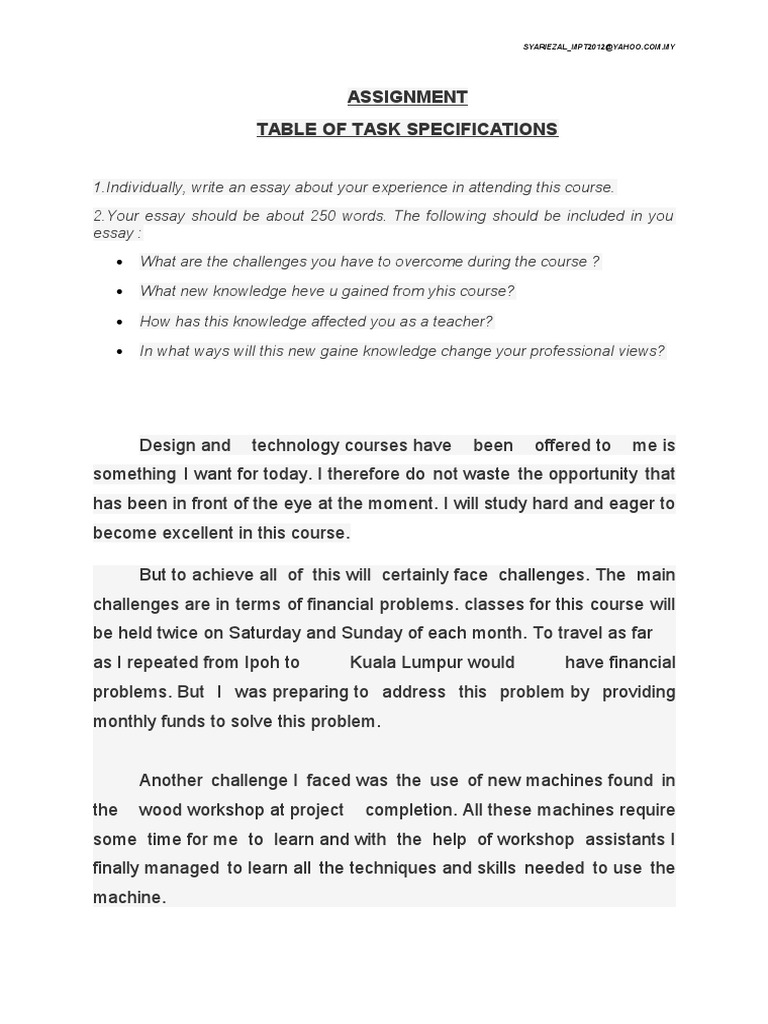 Assignment Table of Task Specifications | PDF | Education Theory | Teaching