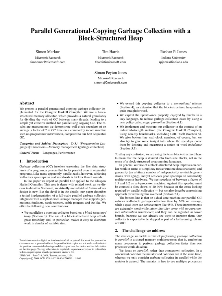 Parallel Generational-Copying Garbage Collection With A Block-Structured Heap | PDF | Pointer ...
