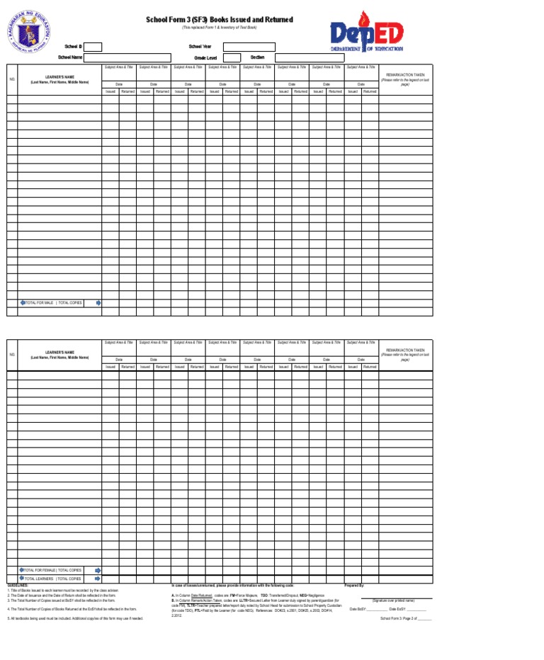 School Form 3 (SF3) Books Issued and Returned: School ID School Year ...