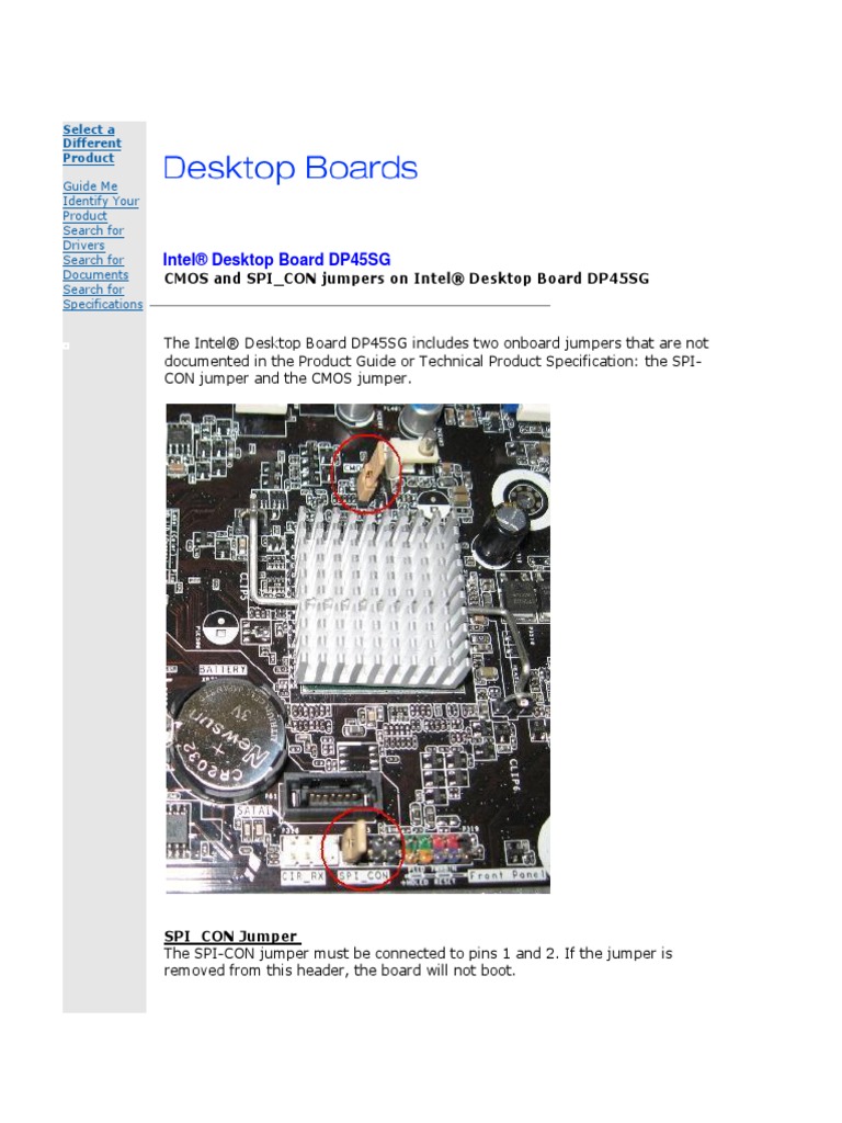 CMOS and SPI - CON Jumpers On Intel® Desktop Board DP45SG | PDF
