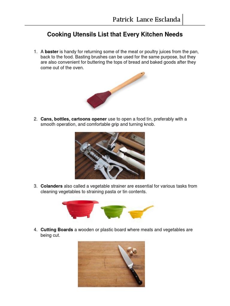 Cooking Utensils List That Every Kitchen Needs | PDF | Spoon | Kitchen ...
