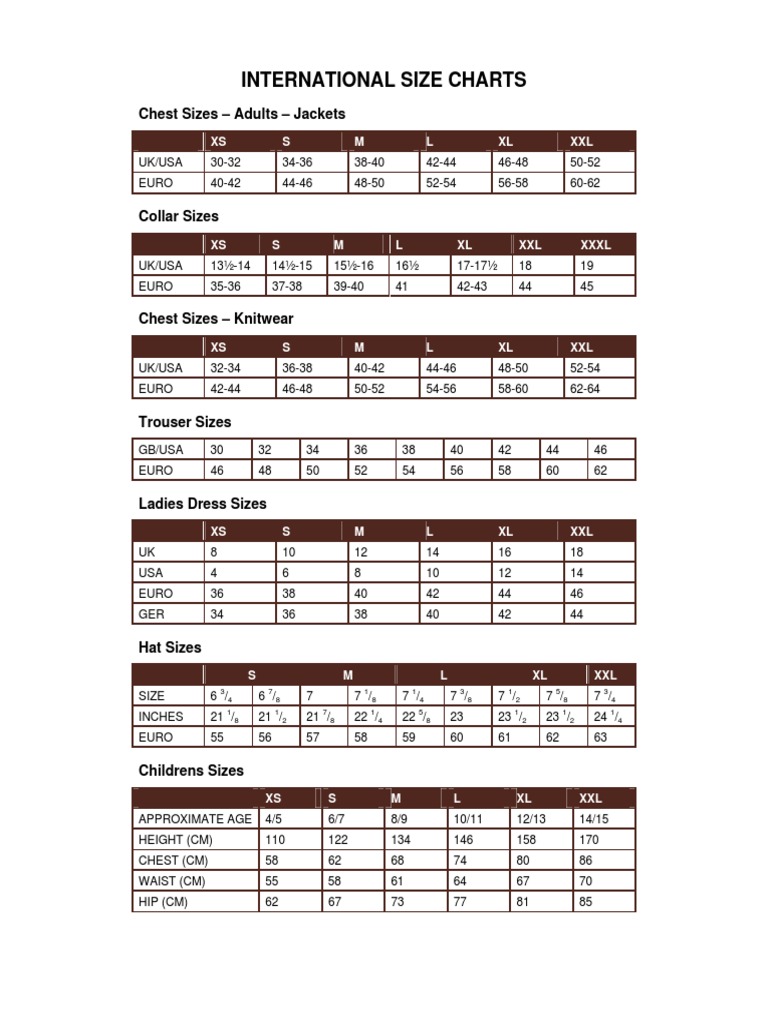 International Size Charts | PDF