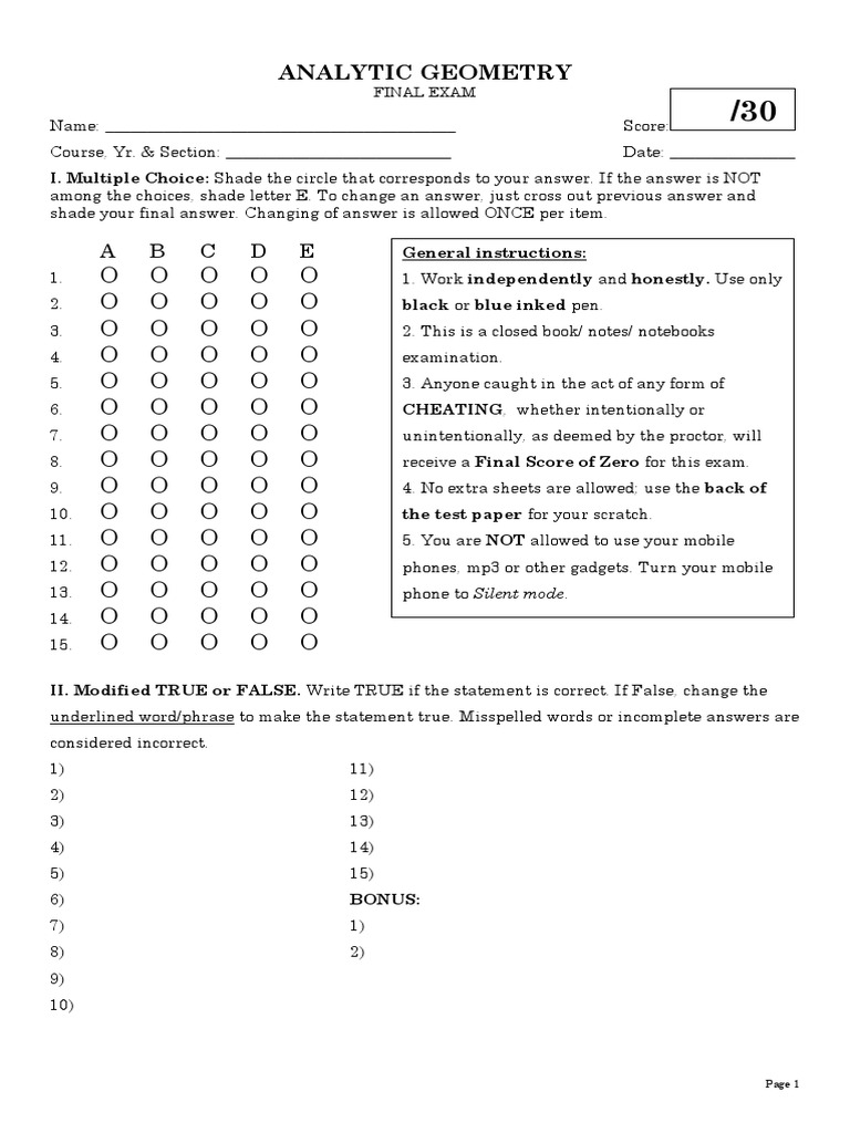 Analytic Geometry Final Exam (Eng'g) | PDF | Ellipse | Geometric Objects