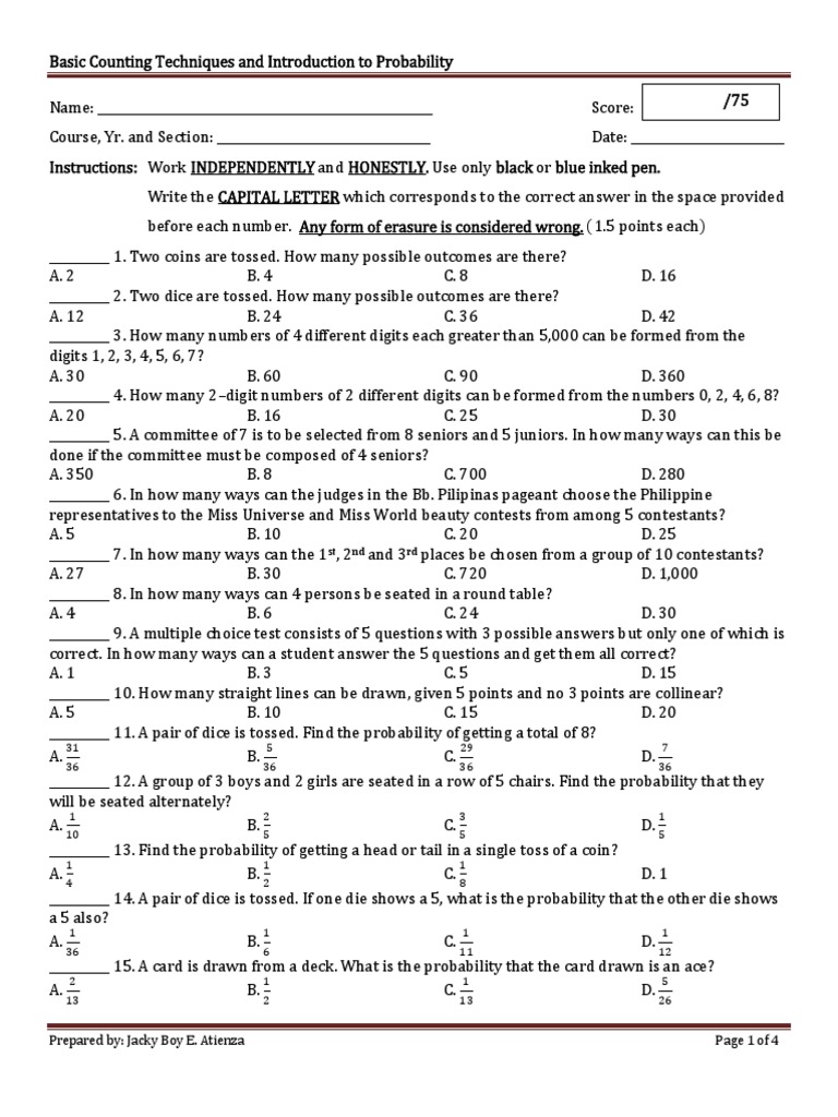 Counting Techniques and Probability Quiz | PDF | Multiple Choice ...