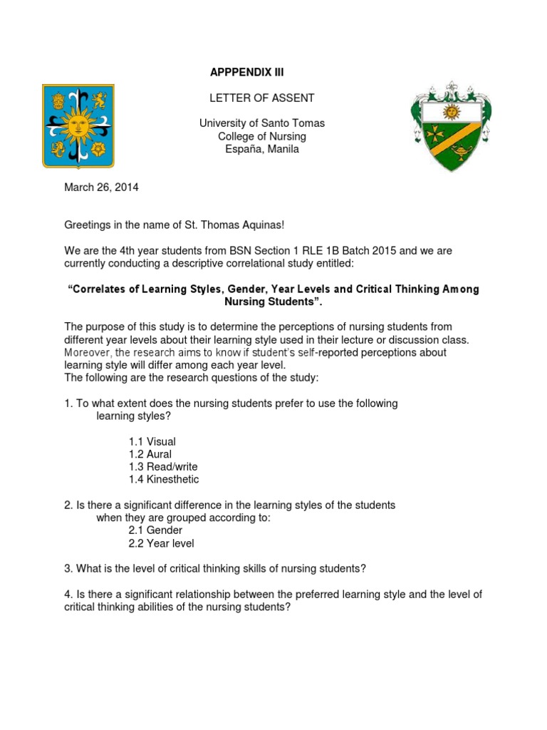 Letter of Assent | PDF | Learning Styles | Critical Thinking