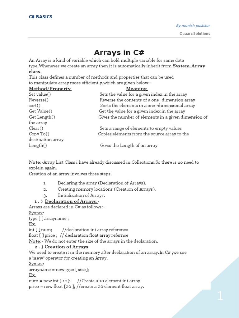 Arrays in C# | PDF | Array Data Structure | C Sharp (Programming Language)