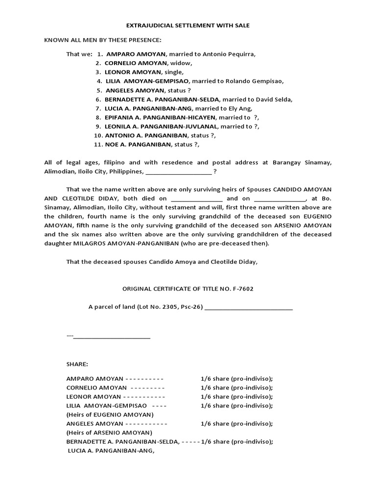 EXTRAJUDICIAL SETTLEMENT WITH SALE