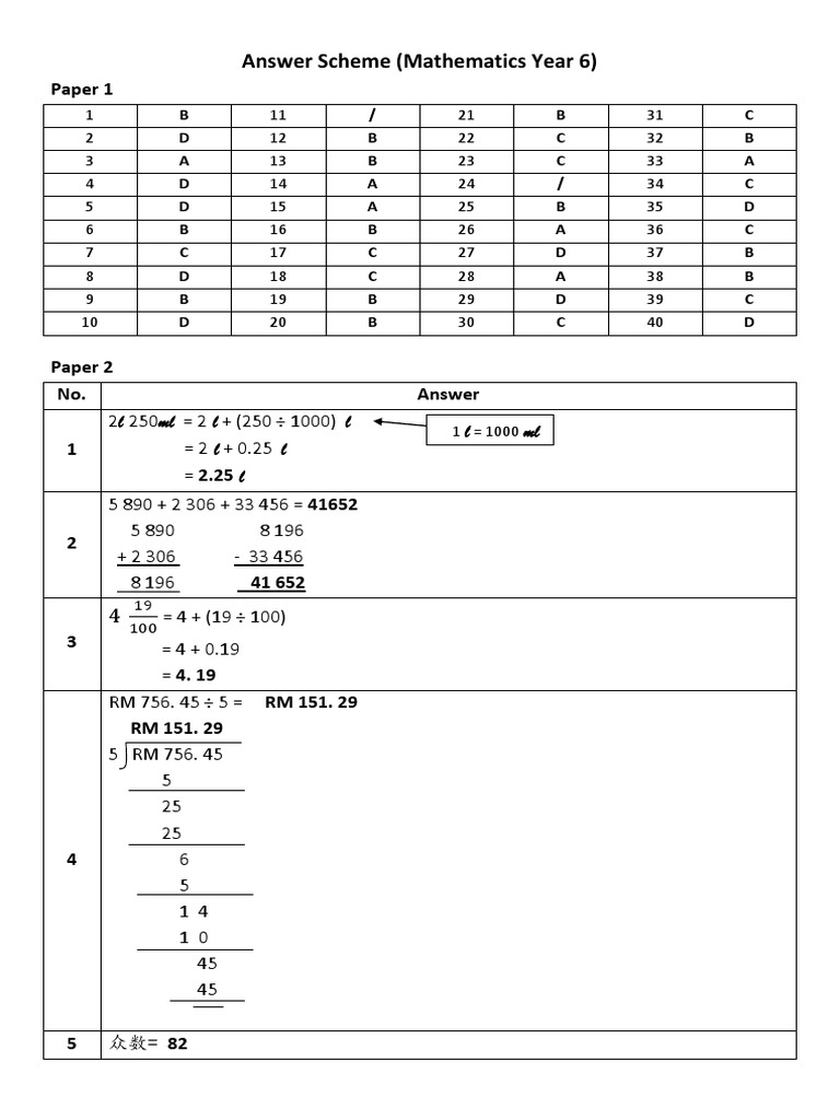 Answer Scheme (Mathematics Year 6) : Paper 1 | PDF