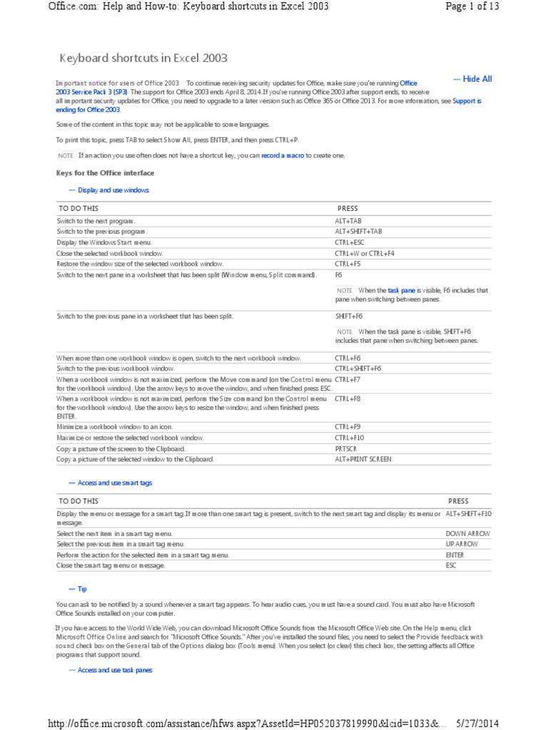 Excel 2003 Online Keyboard Shortcuts | PDF | Computer Keyboard | Menu ...
