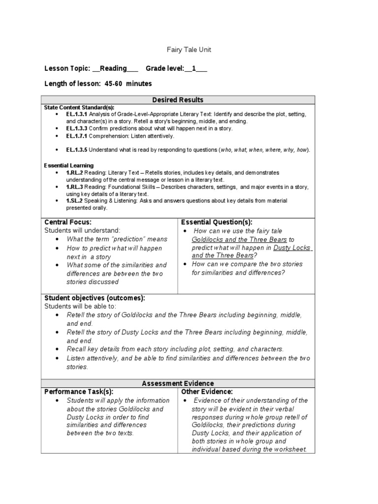 Goldilocks vs. Dusty Locks Lesson Plan | PDF | Goldilocks And The Three ...