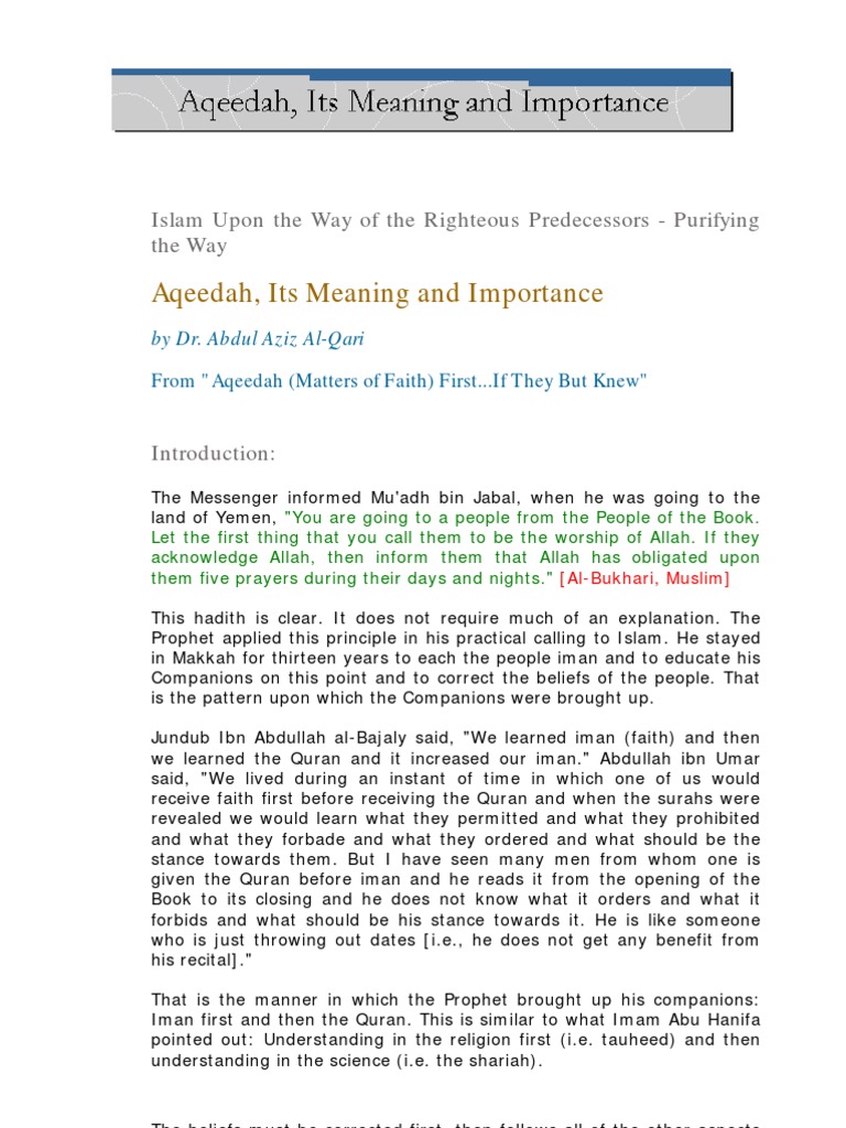 Aqeedah, Its Meaning and Importance | PDF | Tawhid | Quran