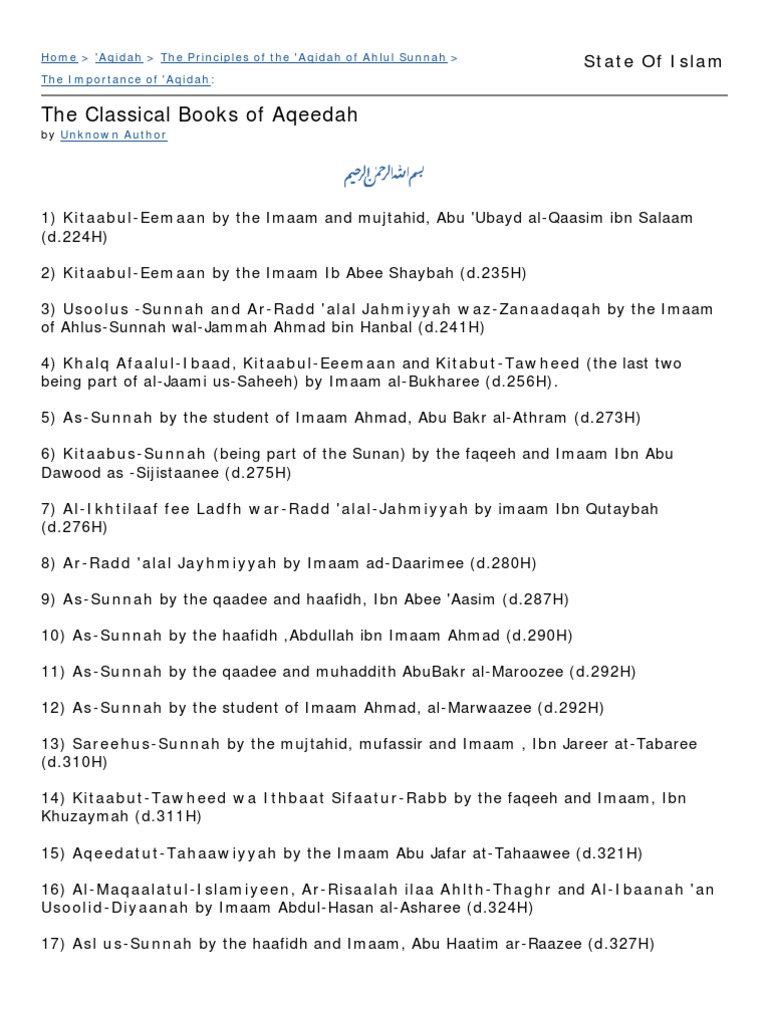 The Classical Books of Aqeedah | PDF | Islamic Ethics | Abrahamic Religions