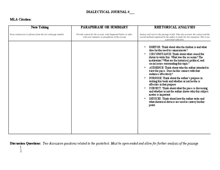 Dialectical Journal Template Guide | PDF | Science & Mathematics ...