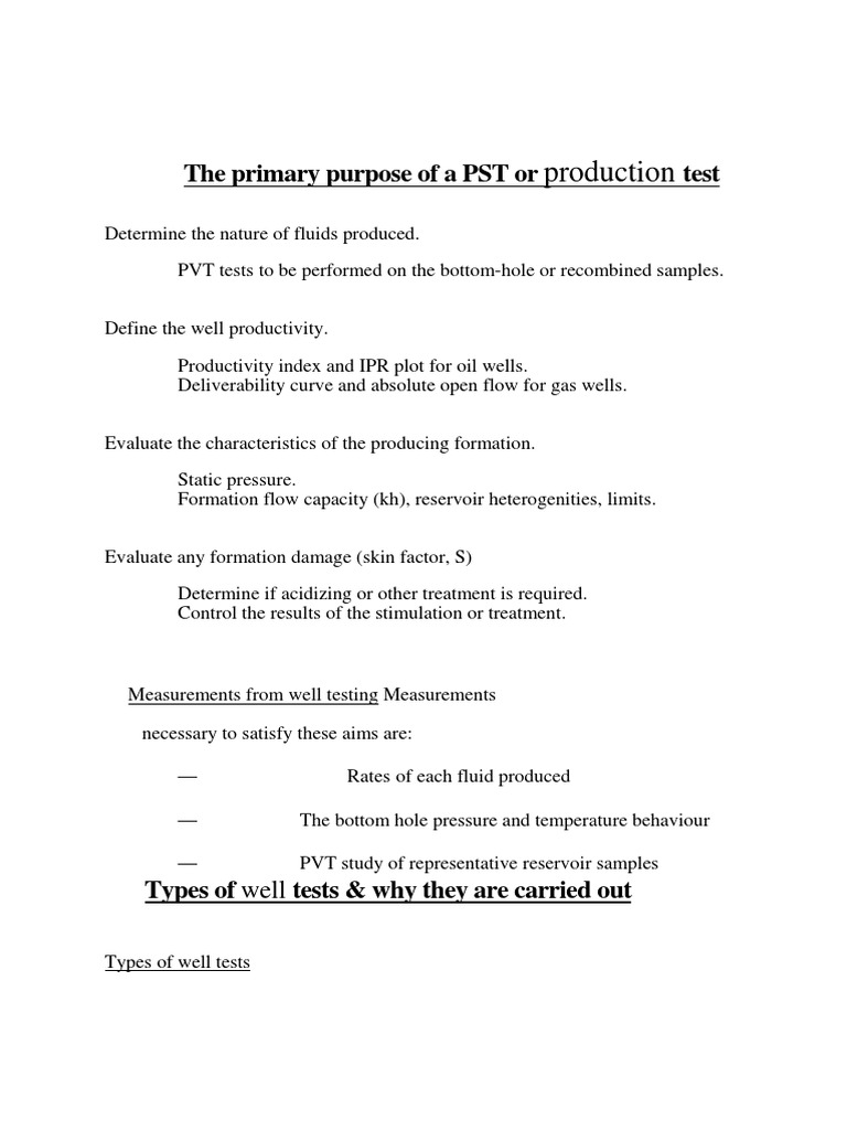 The Primary Purpose of A PST or Production Test | PDF | Petroleum ...
