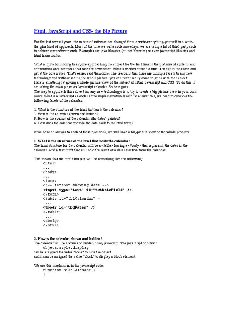 HTML, CSS, Js The Big Picture | PDF | Java Script | Html Element