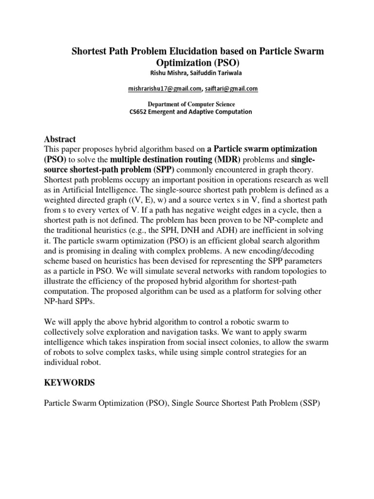 Shortest Path Problem Elucidation Based On Particle Swarm Optimization Pdf