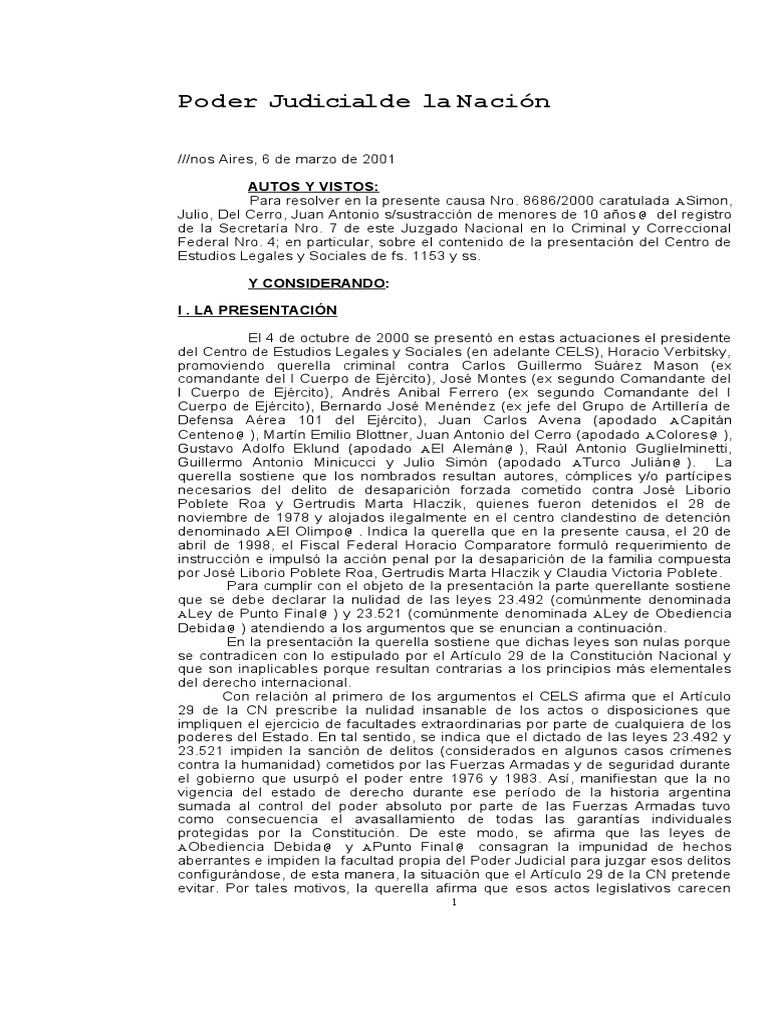 Simón - Fallo de Primera Instancia | Violación | Información del gobierno