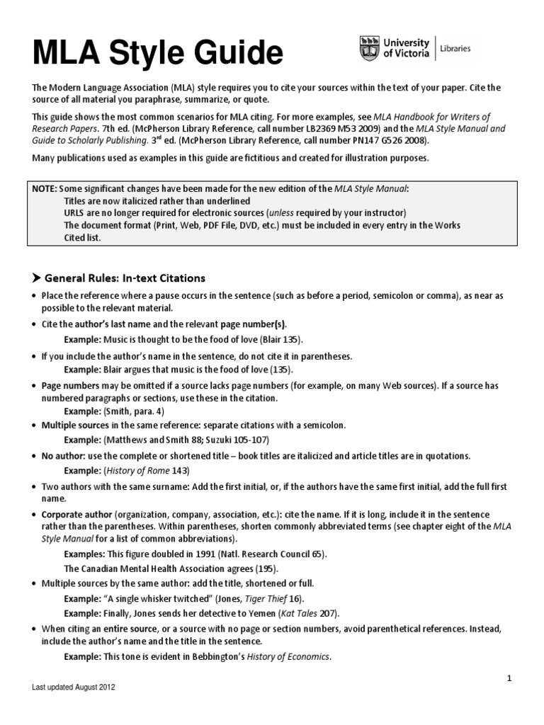 MLAStyle QuickGuide Update August2012 | PDF | Case Citation | Citation