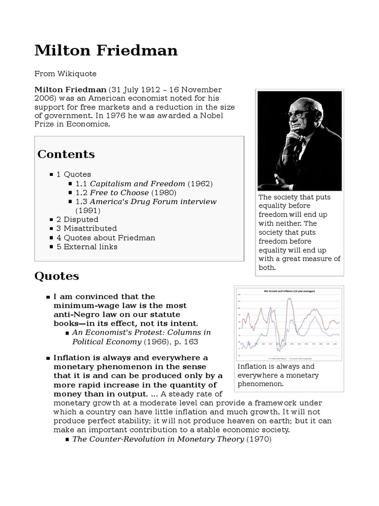 Milton Friedman: Key Ideas and Quotes from the Renowned Economist | PDF ...