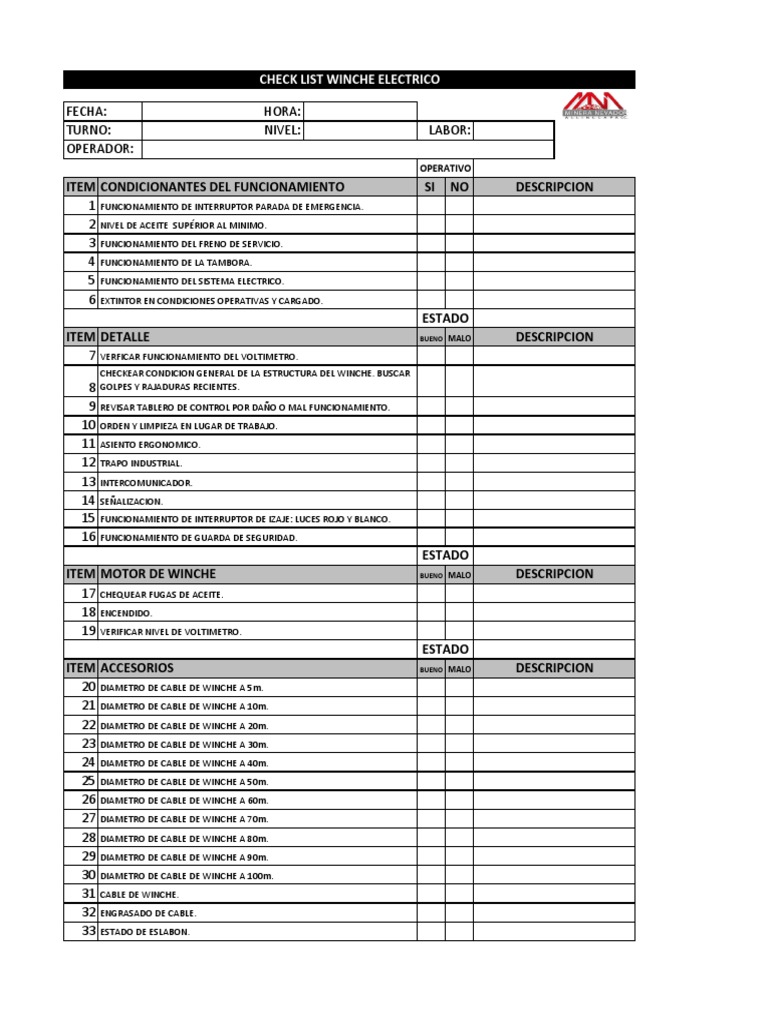 Check List Winche Eléctrico | PDF