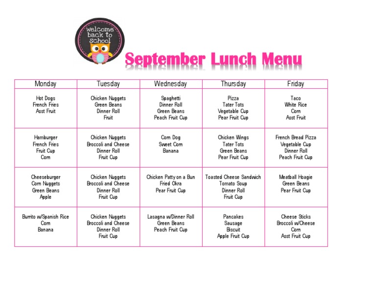 September School Lunch Menu | PDF | Sports & Recreation | Cooking, Food ...