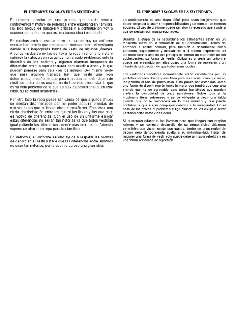 Ensayo-El Uniforme Escolar en La Secundaria | PDF | Ropa | Adolescencia