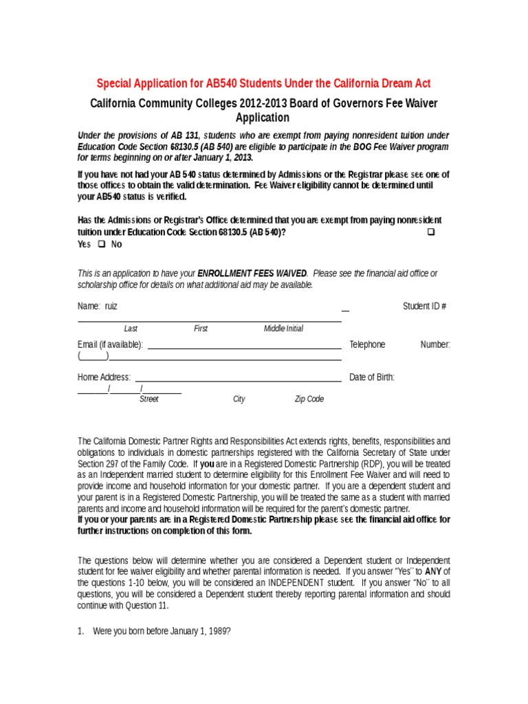 Special Application For AB540 Students Under The California Dream Act ...