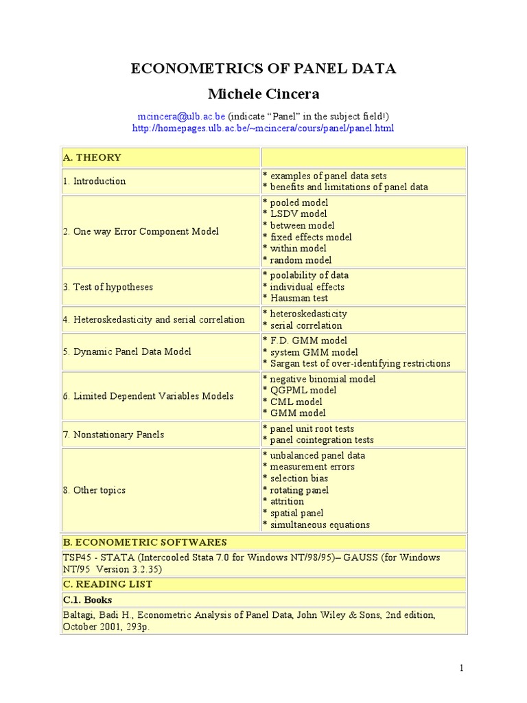 Econometrics of Panel Data - Michele Cincera | PDF | Demography ...