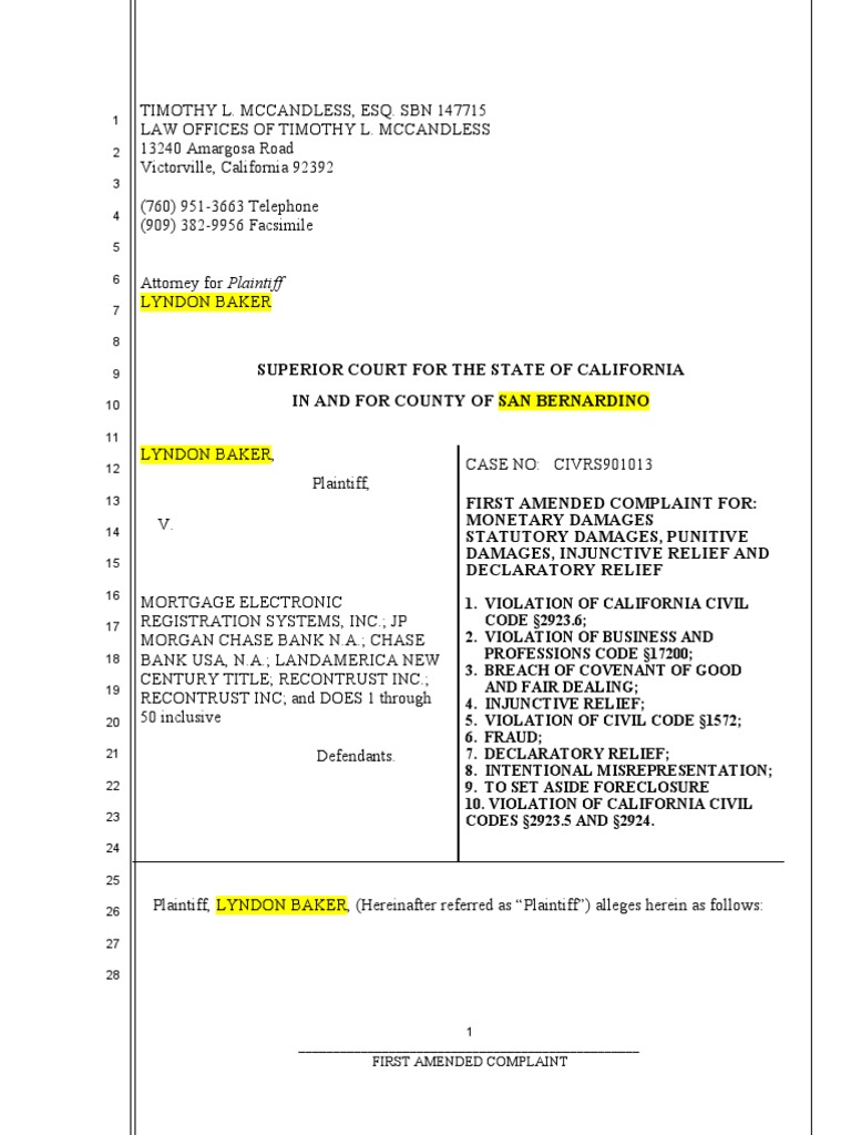 First Amended Complaint Plaintiff) | Foreclosure | Deed Of Trust (Real ...