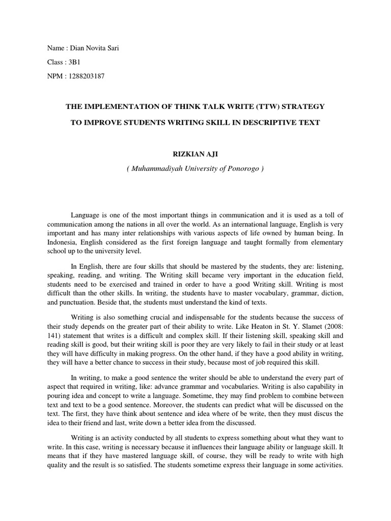 The Implementation of Think Talk Write (TTW) Strategy To Improve ...