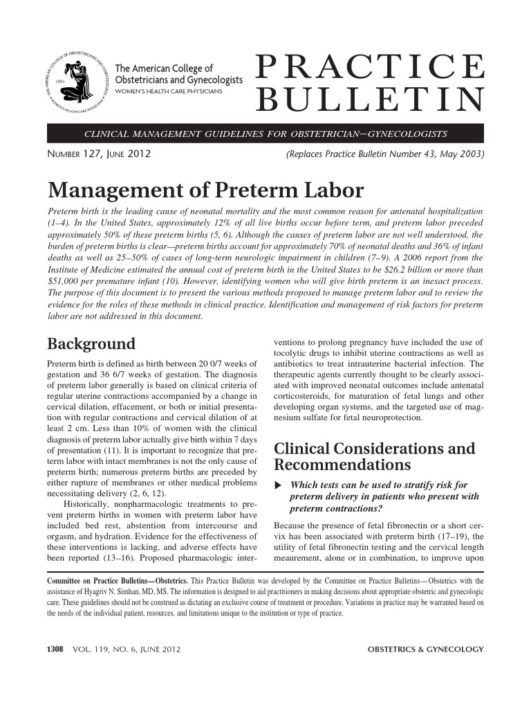 Practice Bulletin: Management of Preterm Labor | PDF | Preterm Birth | Childbirth