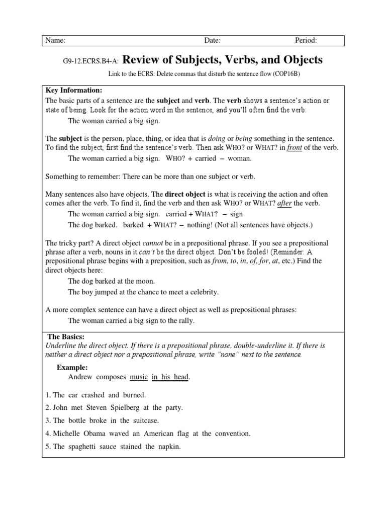 Review of Subjects, Verbs, and Objects: Key Information | Download Free PDF | Object (Grammar ...