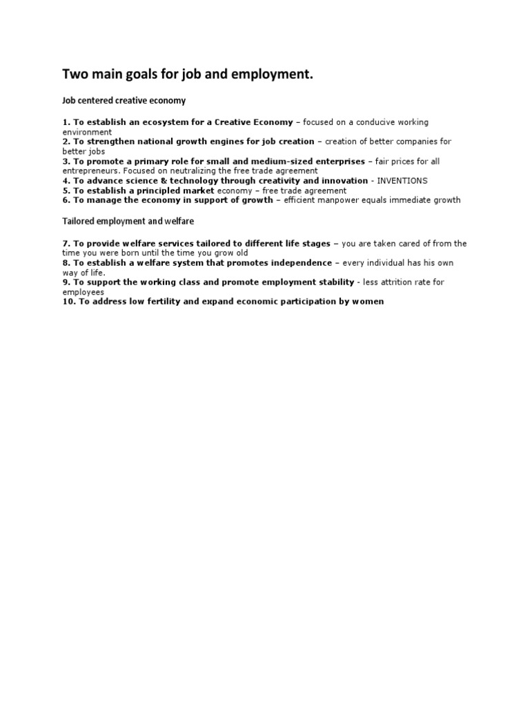 Goals for Job Creation and Welfare Systems | PDF | Business