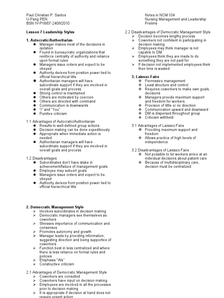 Lesson 7 Leadership Styles | PDF | Leadership | Cognition