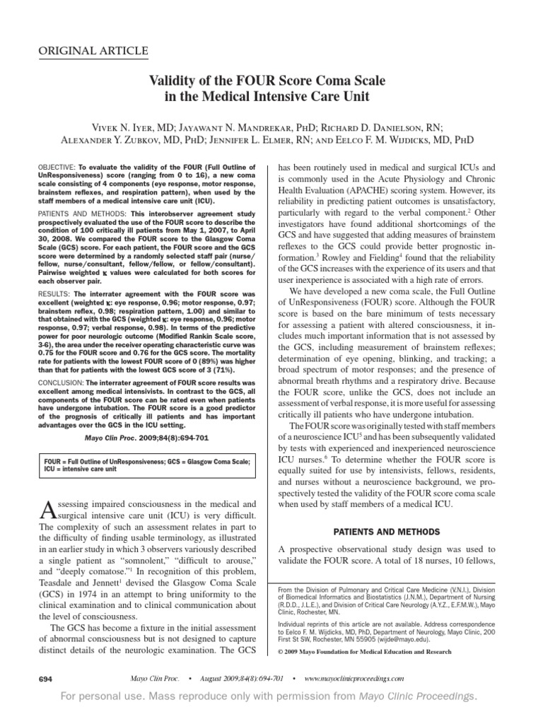 Validity of the FOUR Score Coma Scale in the Medical Intensive Care Unit
