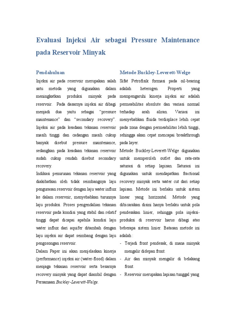 Injeksi Air Dengan Metoda Buckley Leverett | PDF