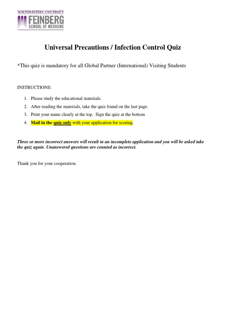 Universal Precautions Quiz 14 15 | PDF | Infection Control | Personal ...