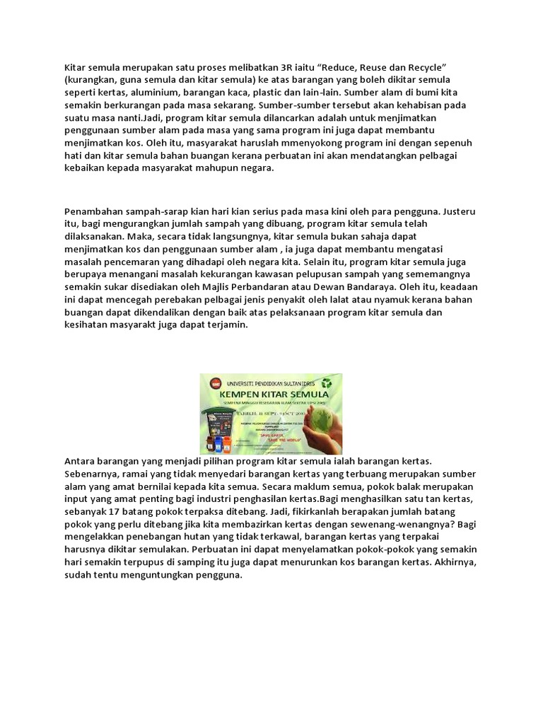 Kitar Semula Merupakan Satu Proses Melibatkan 3R Iaitu | PDF