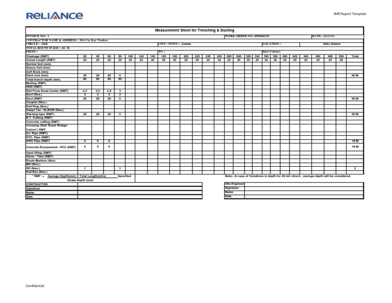 JMR Report Template: Measurement Sheet For Trenching & Ducting | PDF