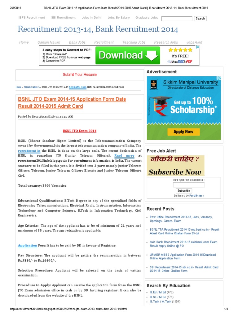 BSNL JTO Exam 2014-15 Application Form Date Result 2014-2015 Admit Card ...