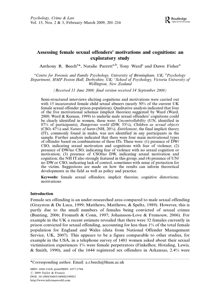 Assessing Female Sexual Offenders' Motivations and Cognitions: An ...