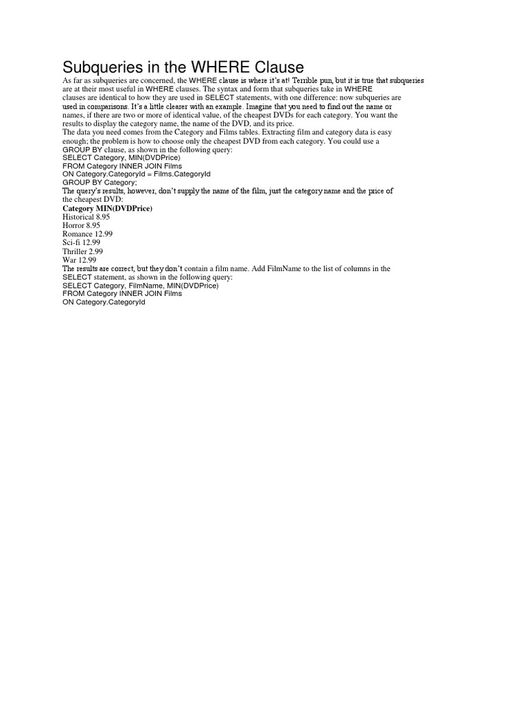 Subqueries in The WHERE Clause | PDF