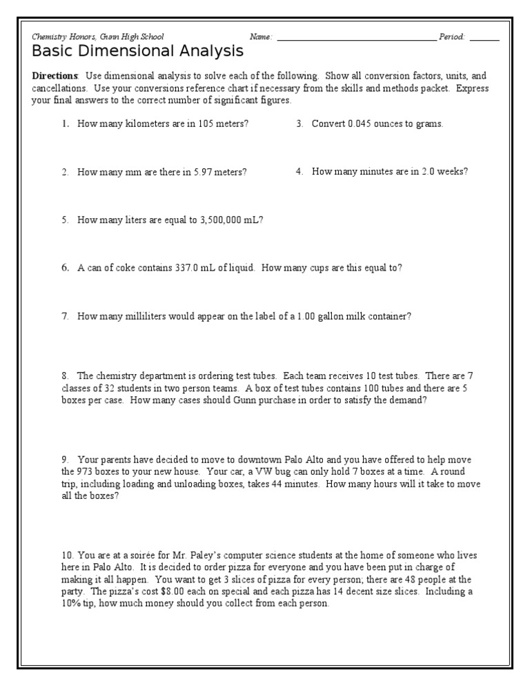 Dimensional Analysis Practice Worksheet | PDF